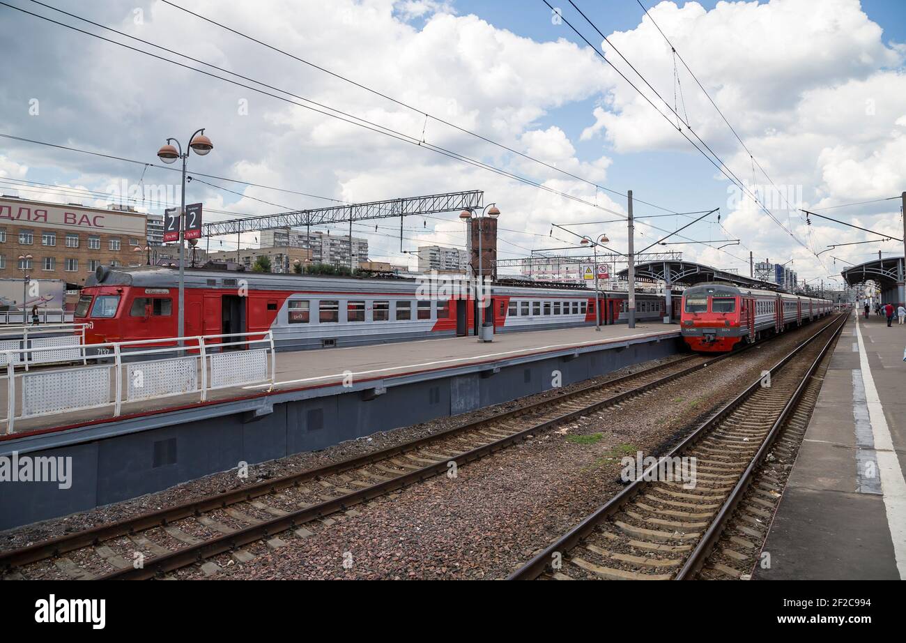 Train on Moscow passenger platform (Savelovsky railway station)-- is one of the nine main ...