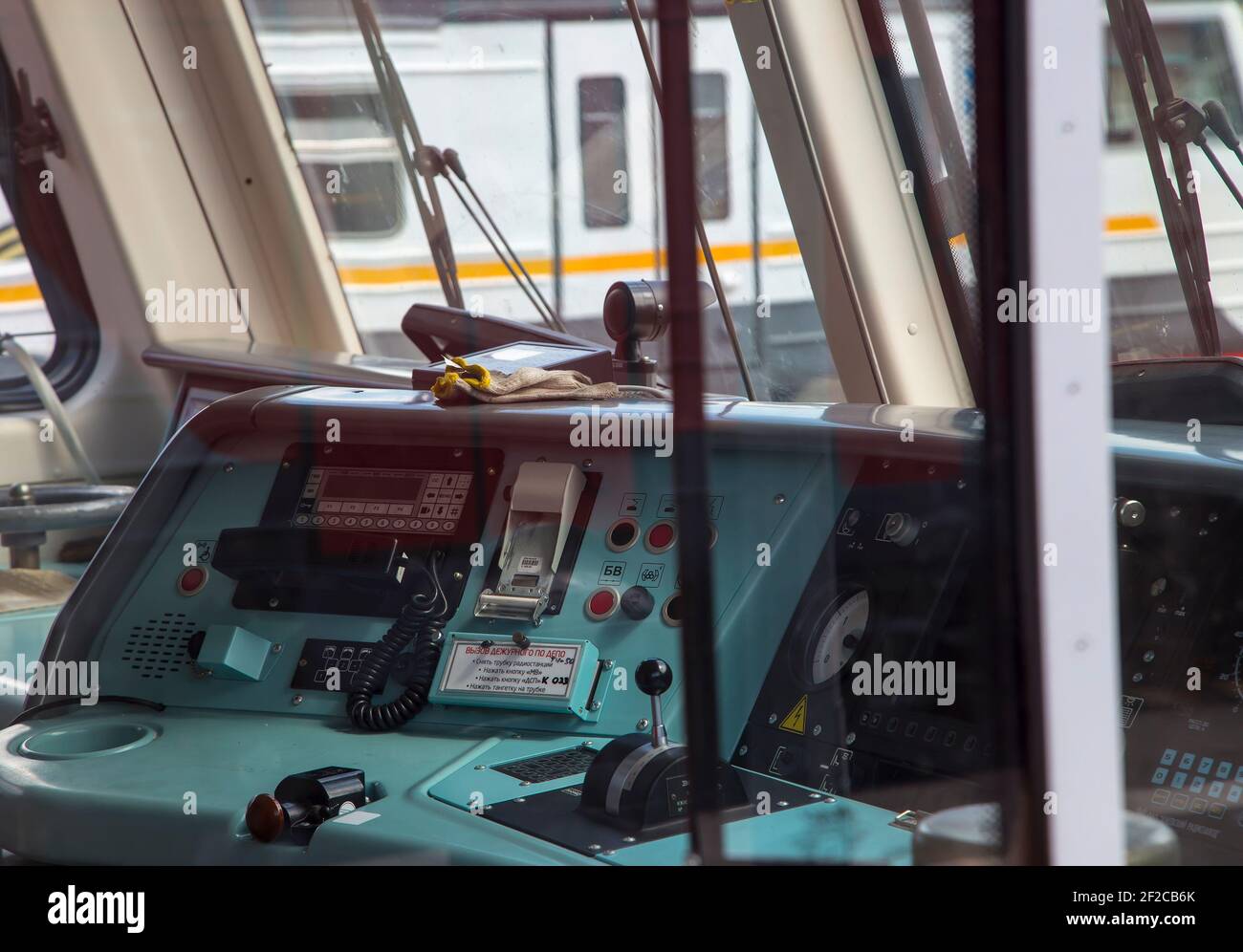 Interior of control cabin with dashboards on the Russian train Stock ...