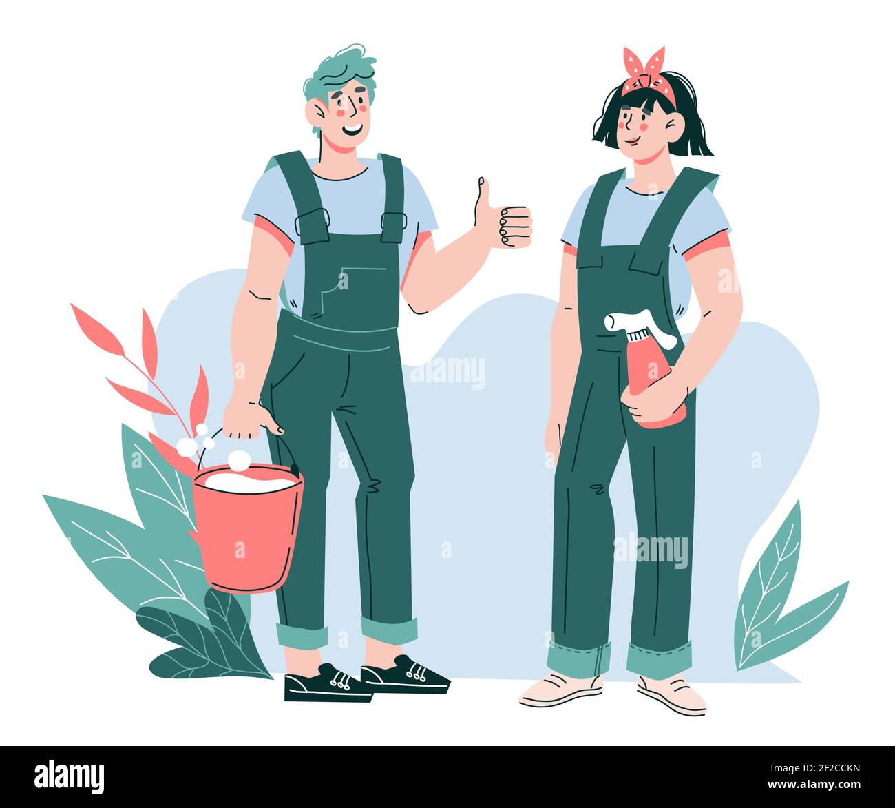Friendly cleaning company staff at decorative backdrop with leaves ...