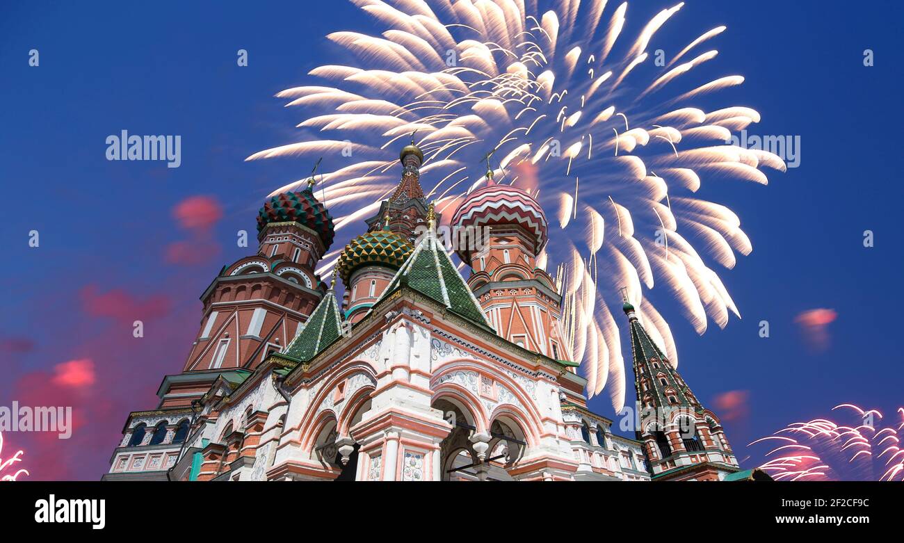 Fireworks over the Saint Basil cathedral ( Temple of Basil the Blessed ...