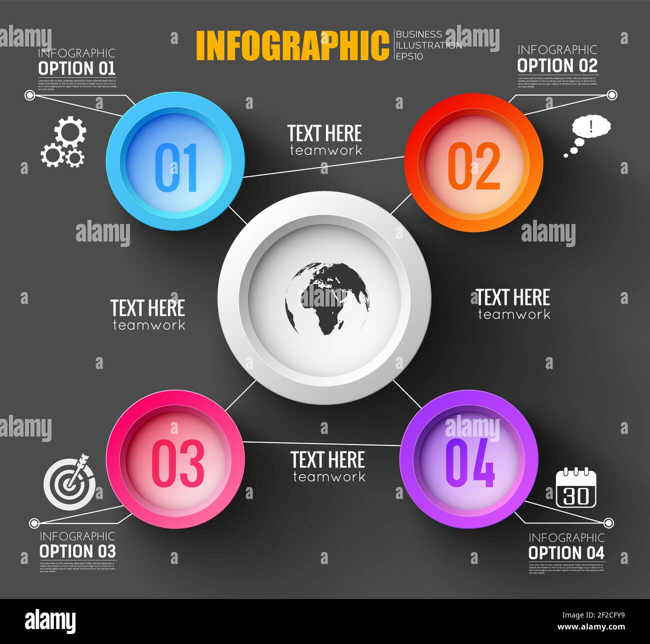 Teamwork infographic black background with silhouette of world map ...