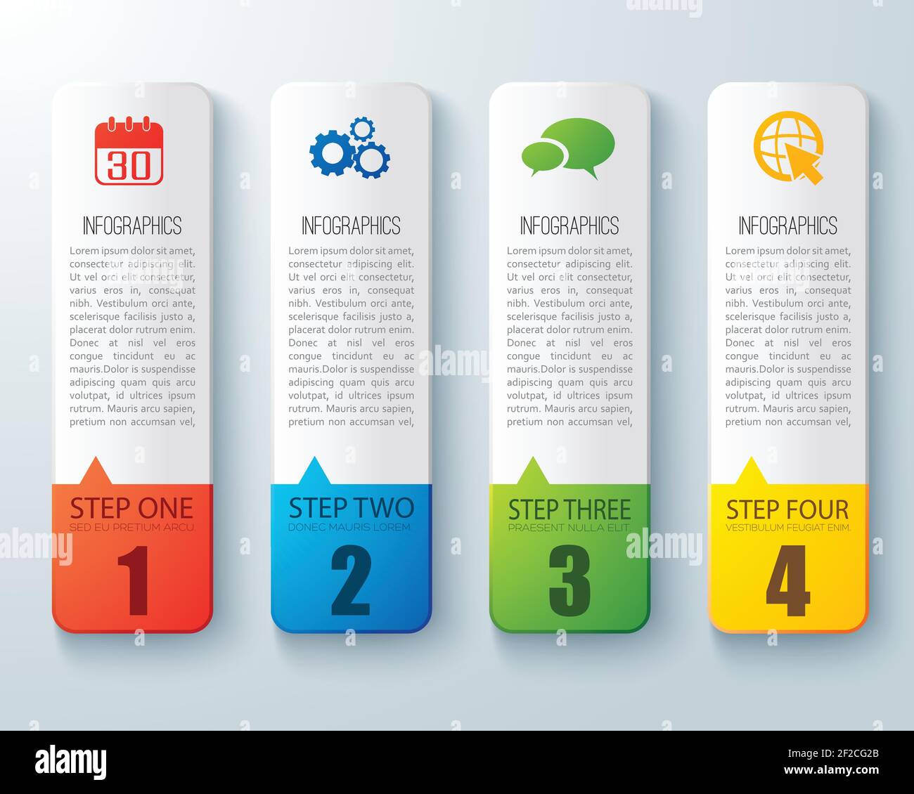 Step by step infographic layout with four paperboard vertical tables ...