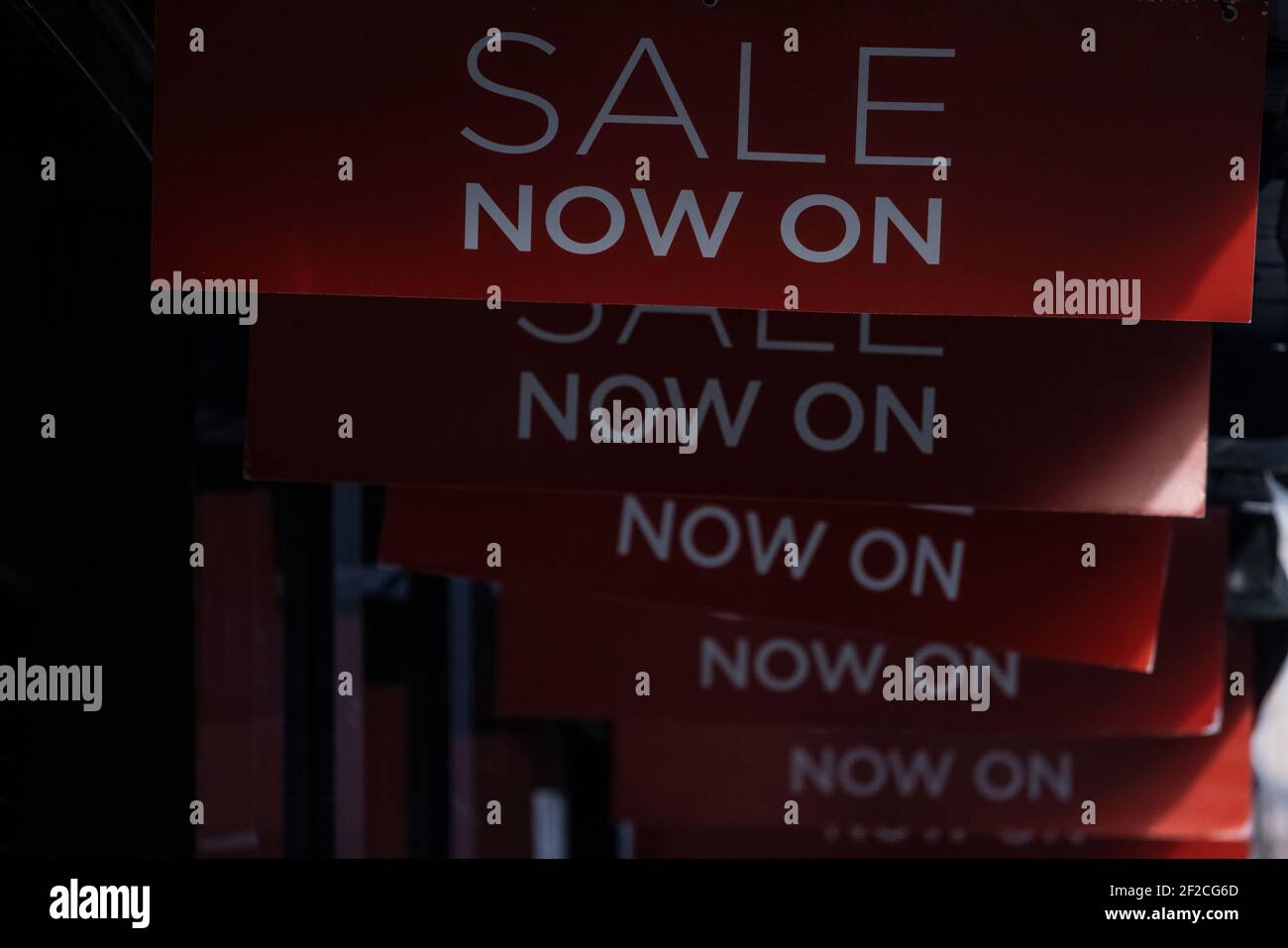 Sale signs outside retail shops in the capital city of London, England ...