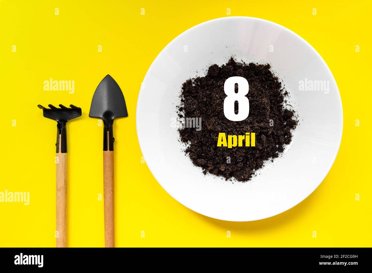 April 8th. Day 8 of month, Calendar date. White plate of soil with a ...
