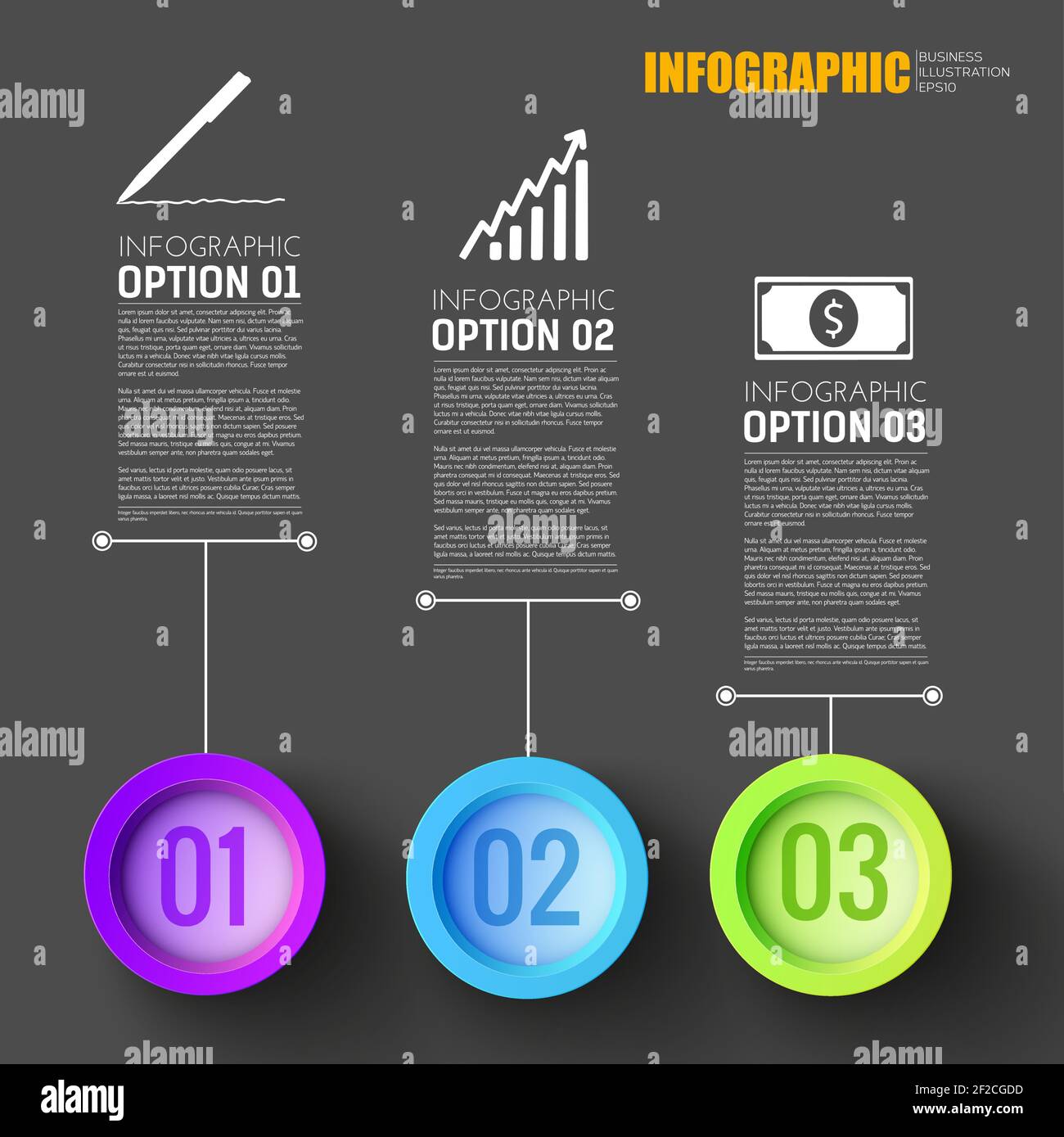 Business development infographic layout with three option descriptions ...