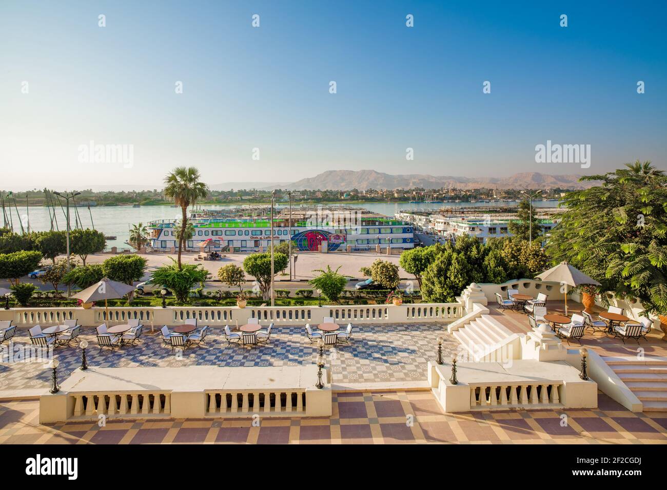 Luxor, Egypt - November 12, 2019: Sunset view of the hotel terrace and ...