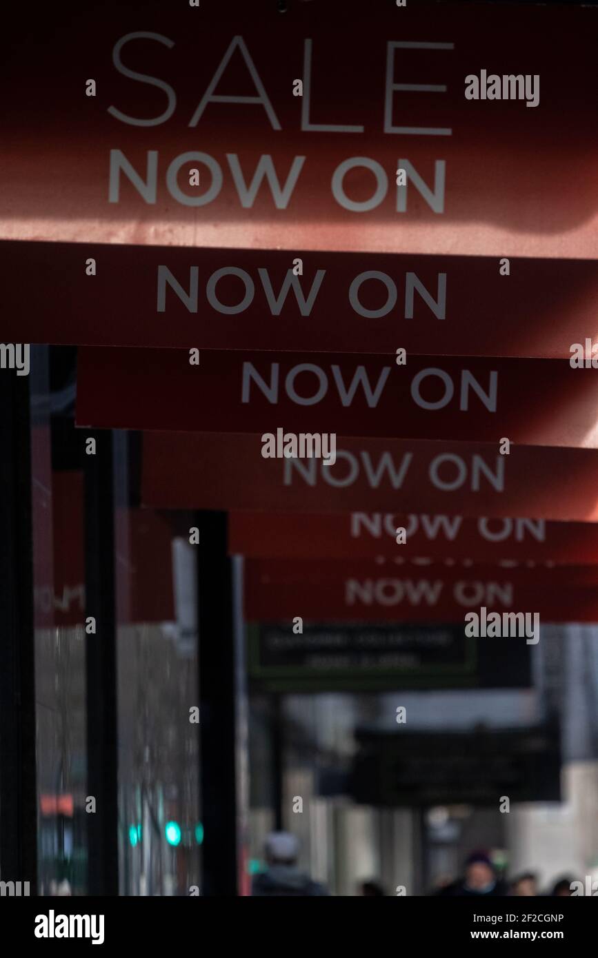 Sale signs outside retail shops in the capital city of London, England ...