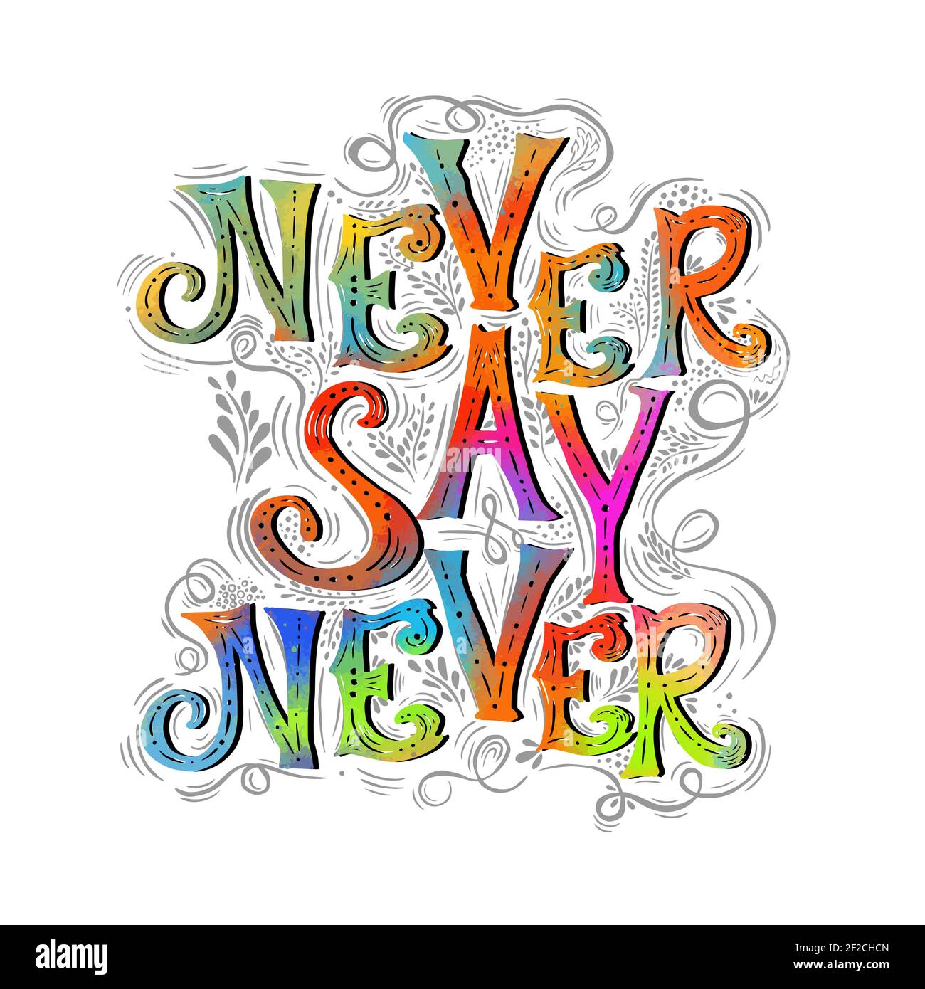 Never say never . Hand drawn calligraphic quote on a white background ...
