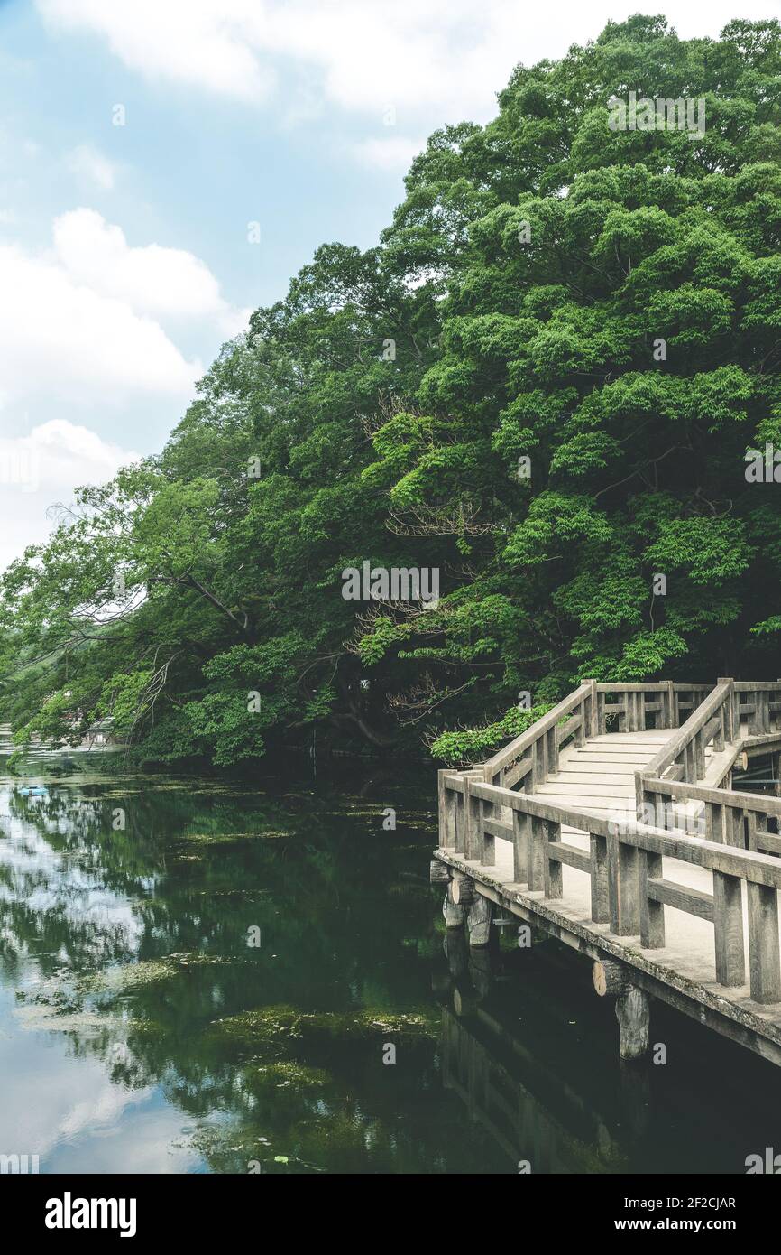 wooden bridge leading over a lake in a public park in Tokyo, Japan ...