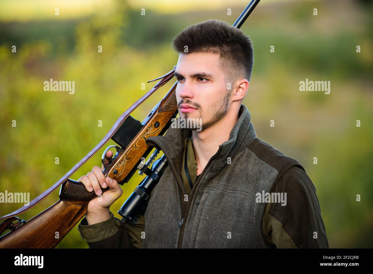Masculine hobby activity. Hunting season. Man bearded hunter with rifle ...
