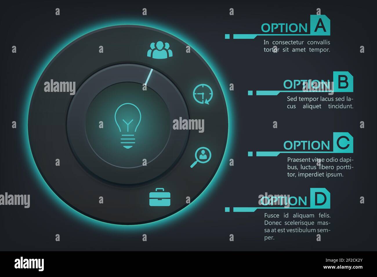 Business web infographics with round button four steps turquoise backlight and icons on dark ...