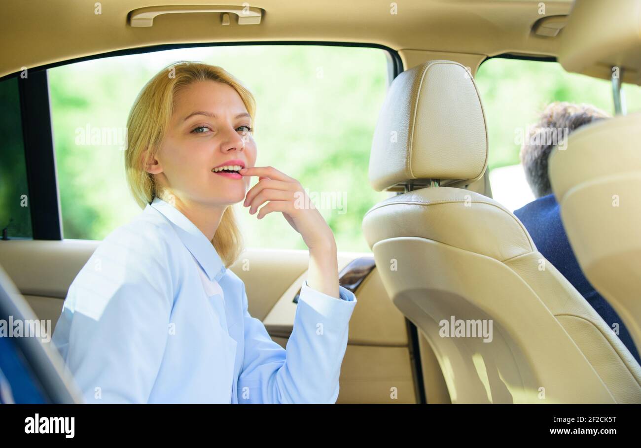 Business life concept. Business woman sit on backseat. Busy lady ...