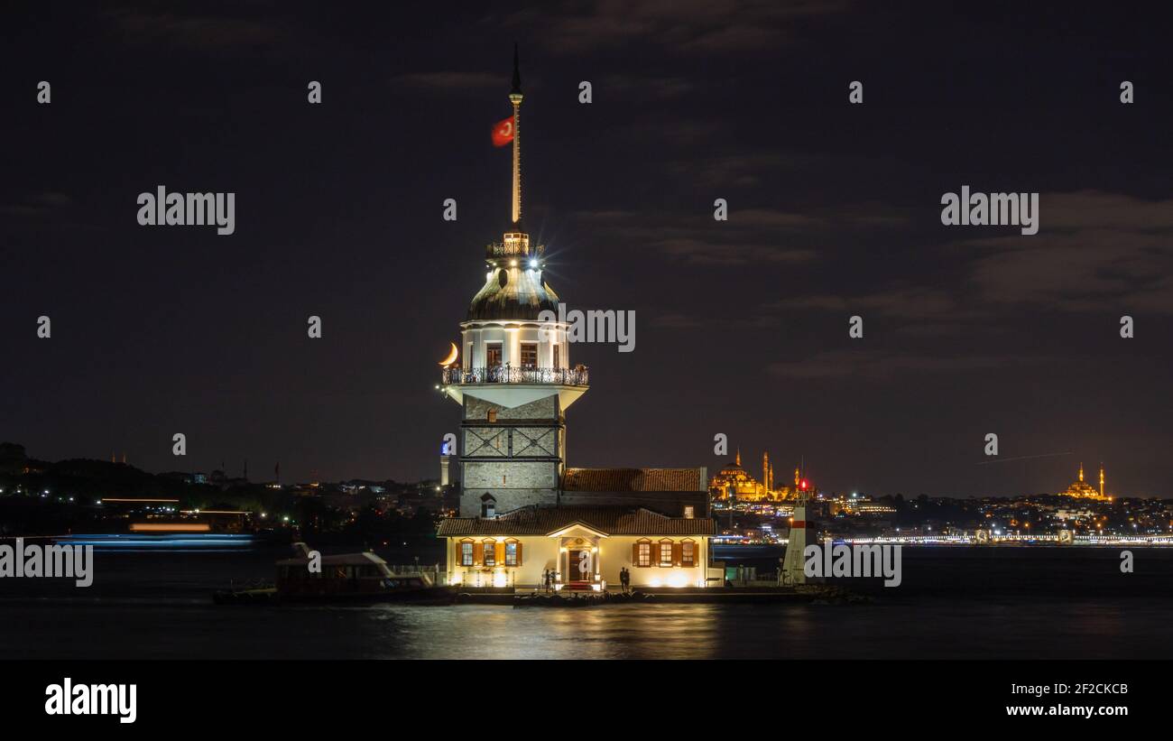 Maiden's Tower and crescent moon. Istanbul background photo. Ramadan ...