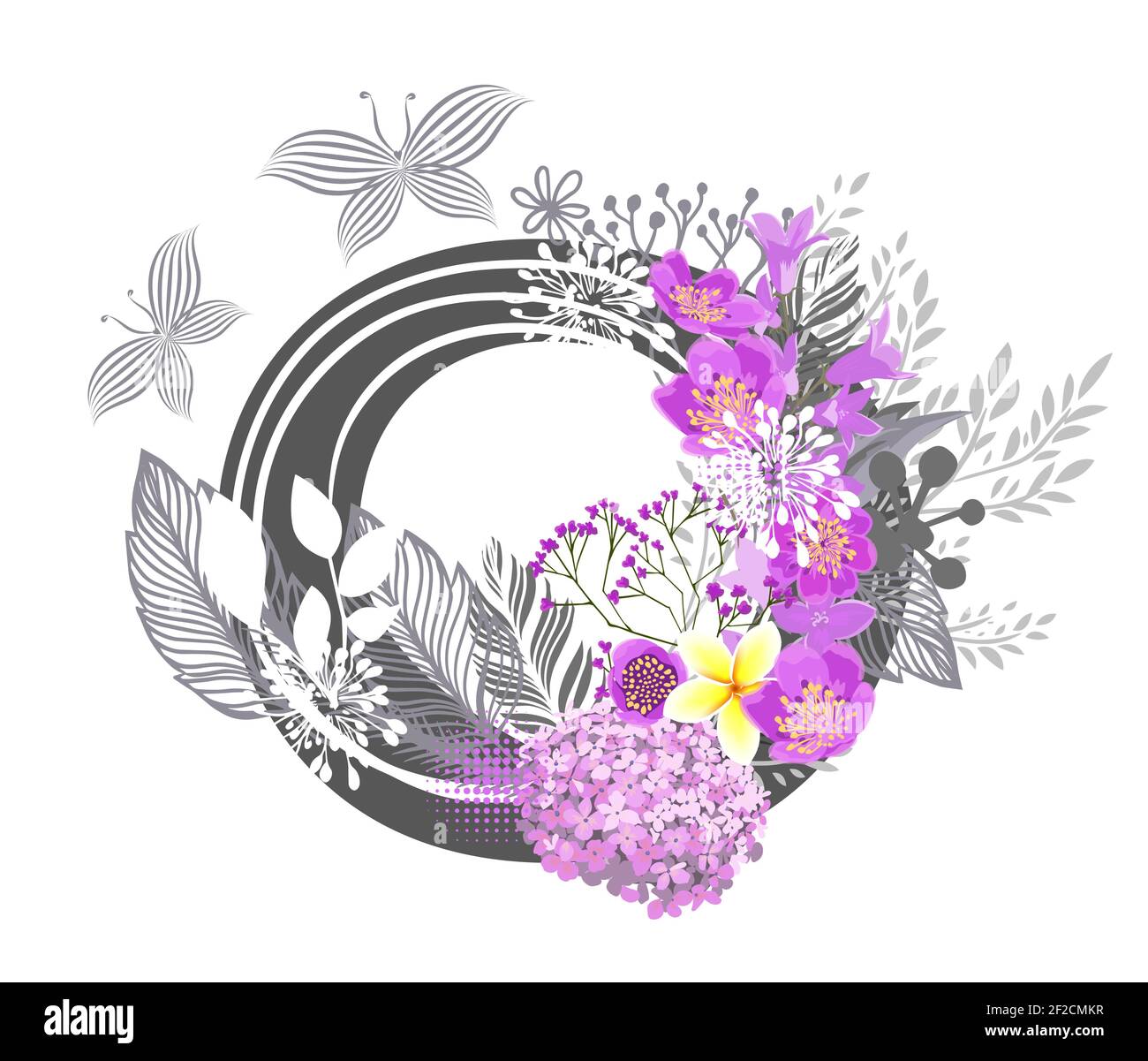 Round floral frame with purple flowers. Vector illustration Stock ...