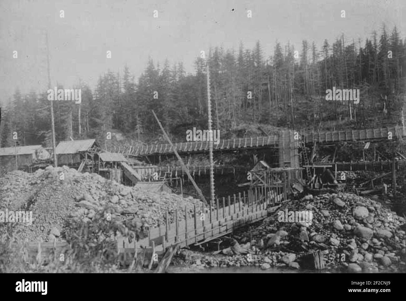 Porcupine Gold Mining Company flume under construction showing tail ...