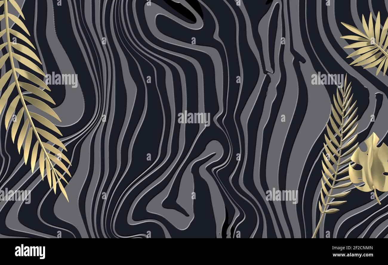 Zebra abstract background with golden tropical leaves, wavy black gold ...
