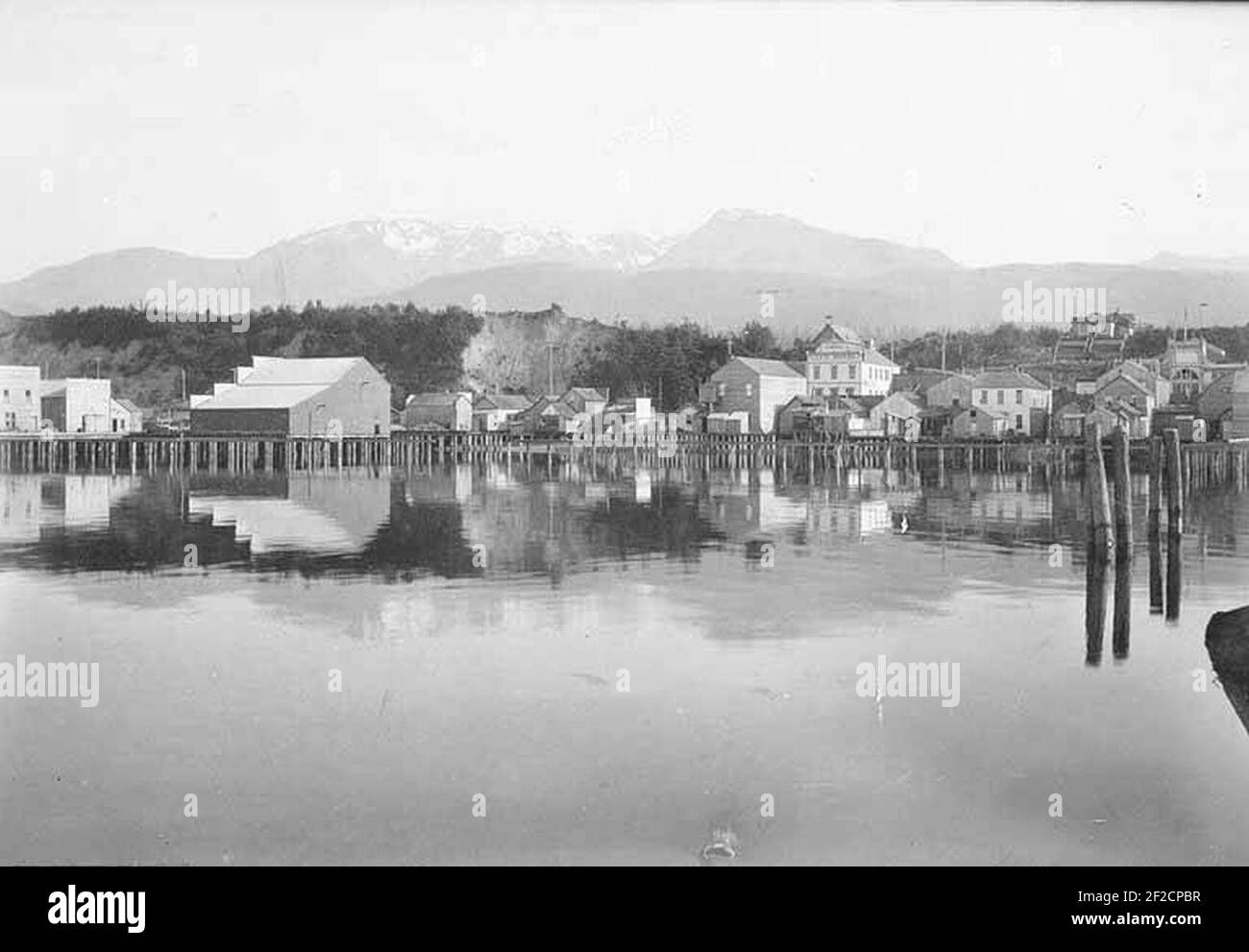 Port Angeles, wharf and waterfront, Olympic Mountains in the distance ...