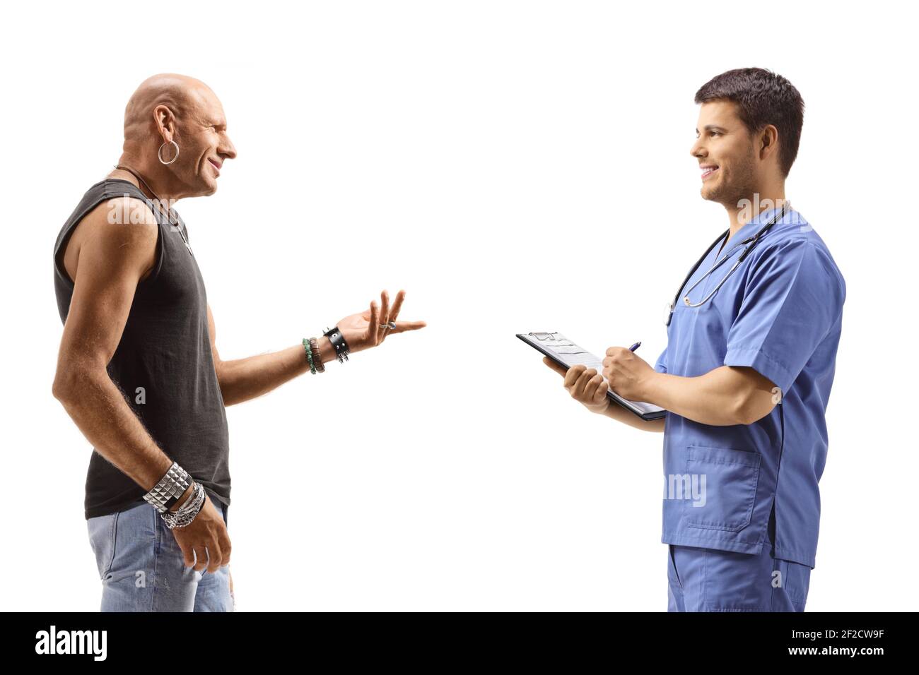Doctor and a male hipster having a conversation isolated on white ...
