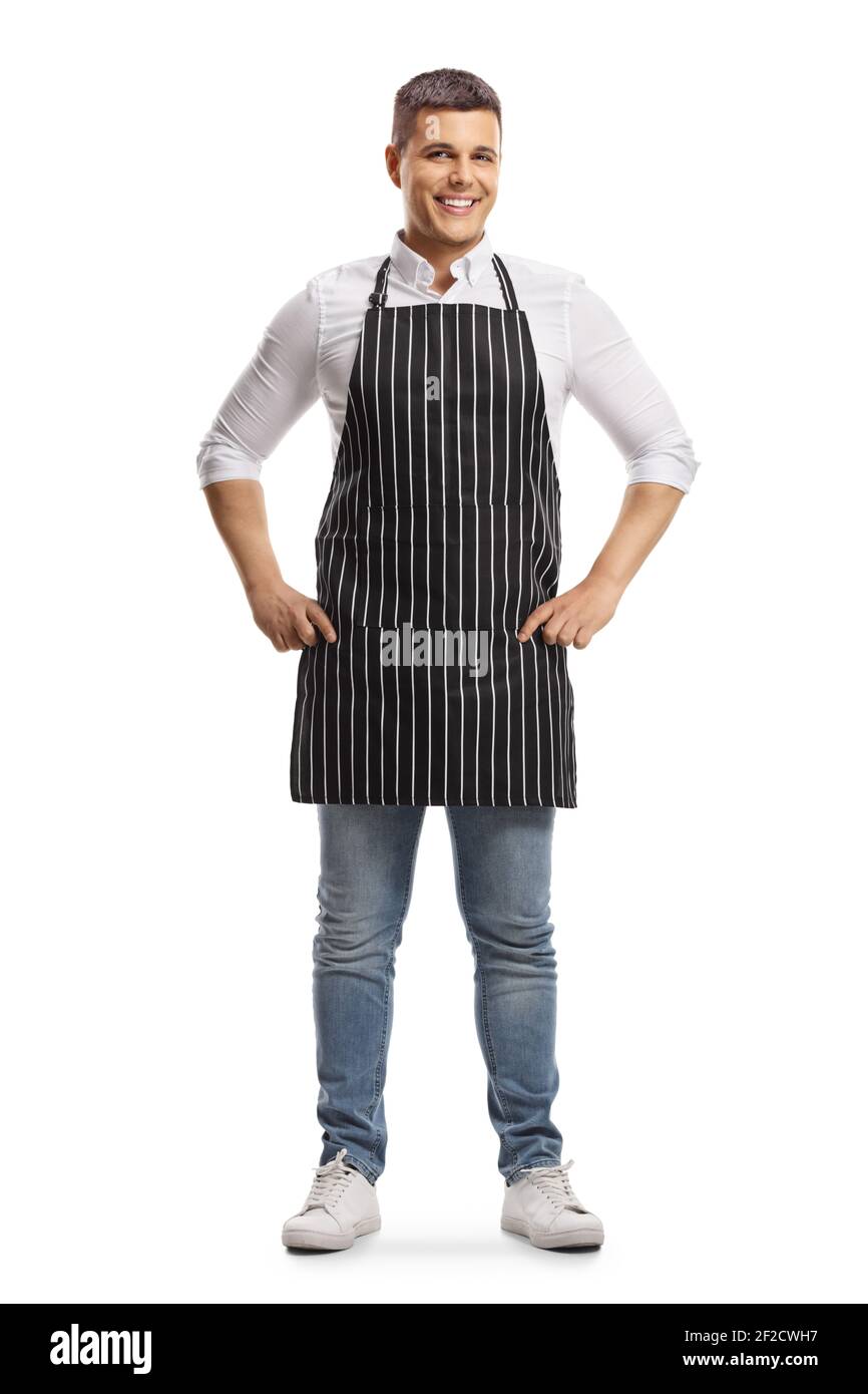 Full length portrait of a handsome man wearing an apron isolated on ...