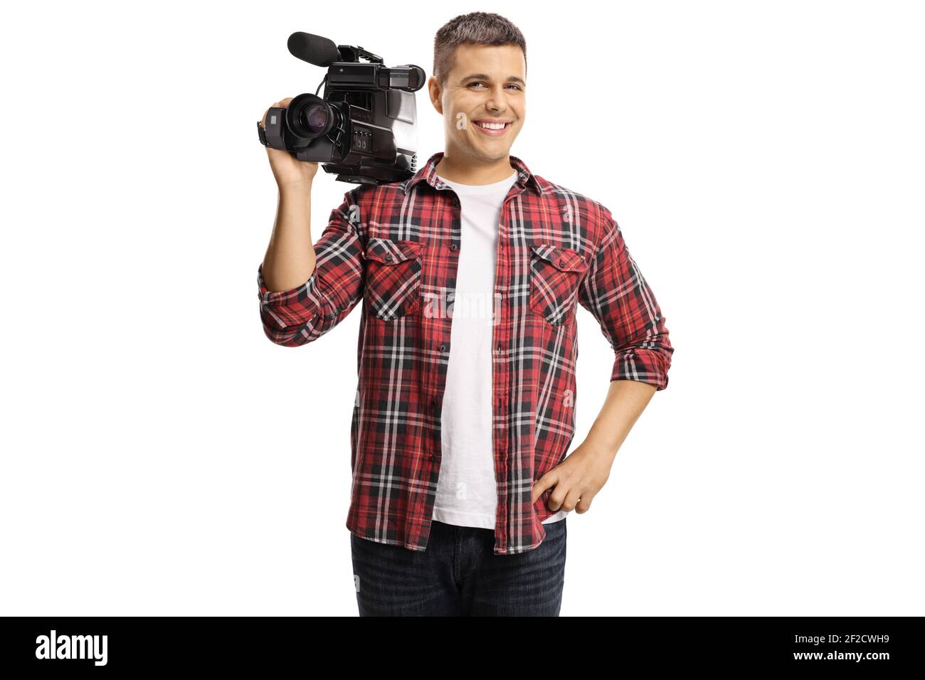 Man holding a professional recording camera and smiling isolated on ...