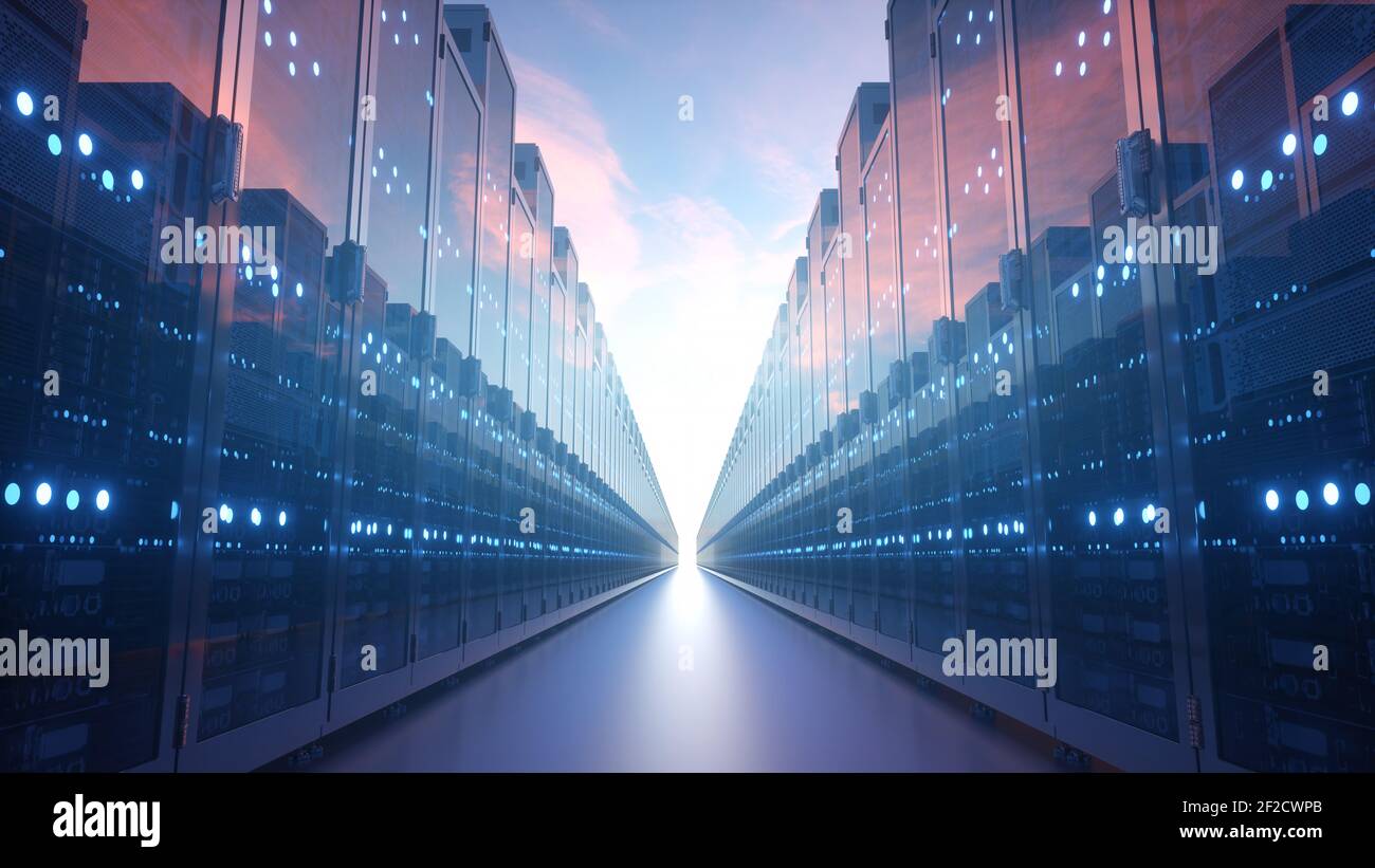 Rows of network servers against blue sky with clouds. Cloud computing ...