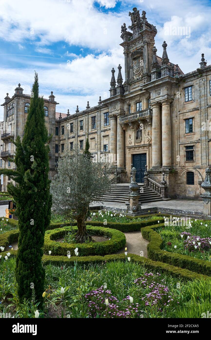 View of the facade and garden of the Monastery of San Martin Pinario or ...