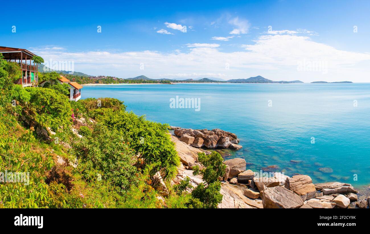 Beautiful tropical landscape of the green coast of Koh Samui island ...
