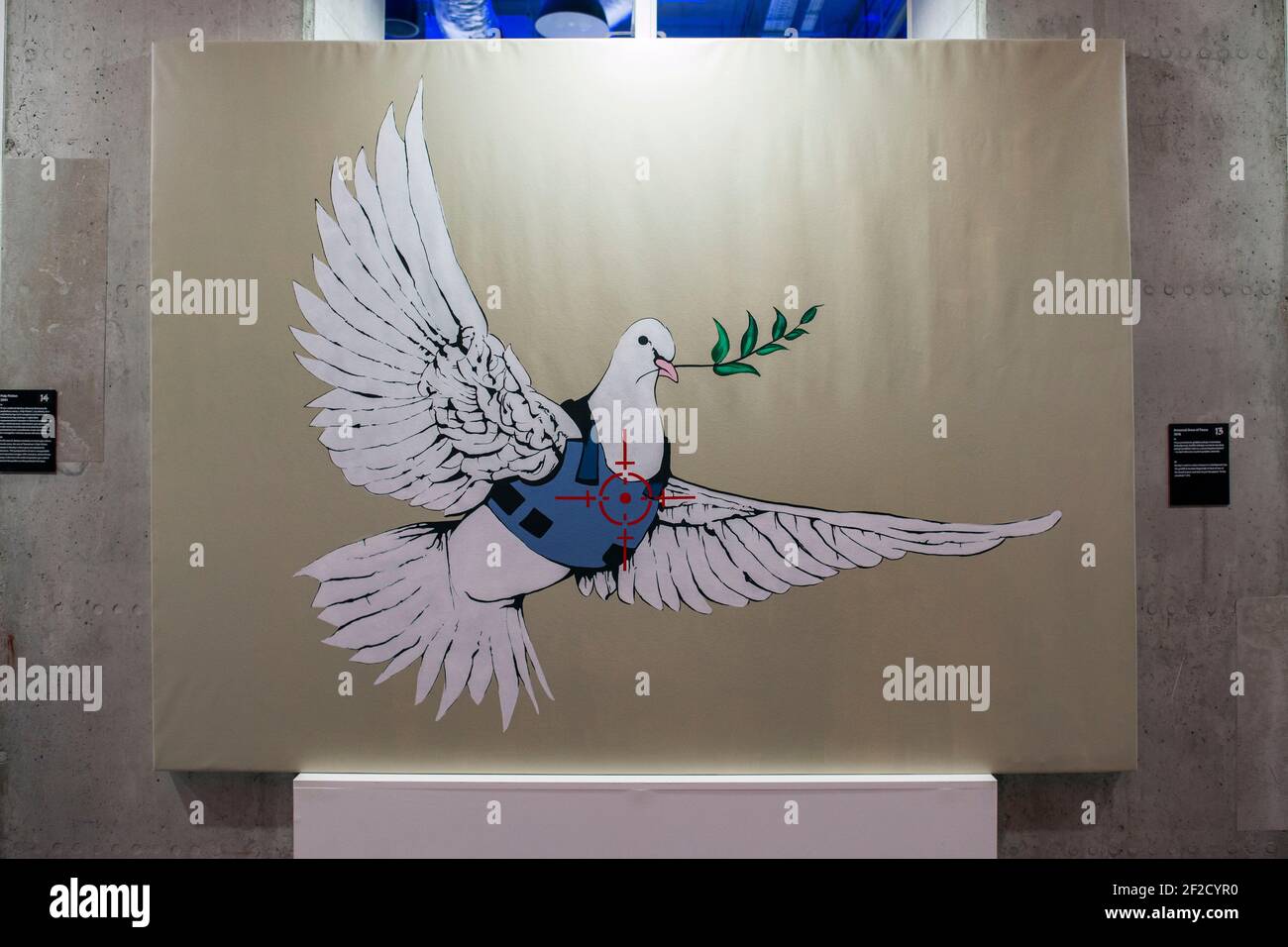 The famous "Armored Dove of Peace" artwork by Banksy seen during the ...