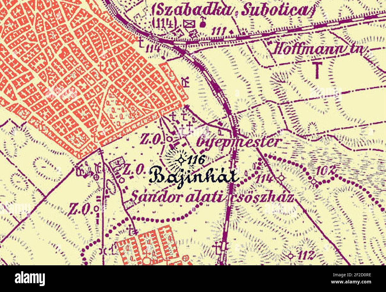 Portion of old map presenting location Bajinhat in Subotica, Serbia ...