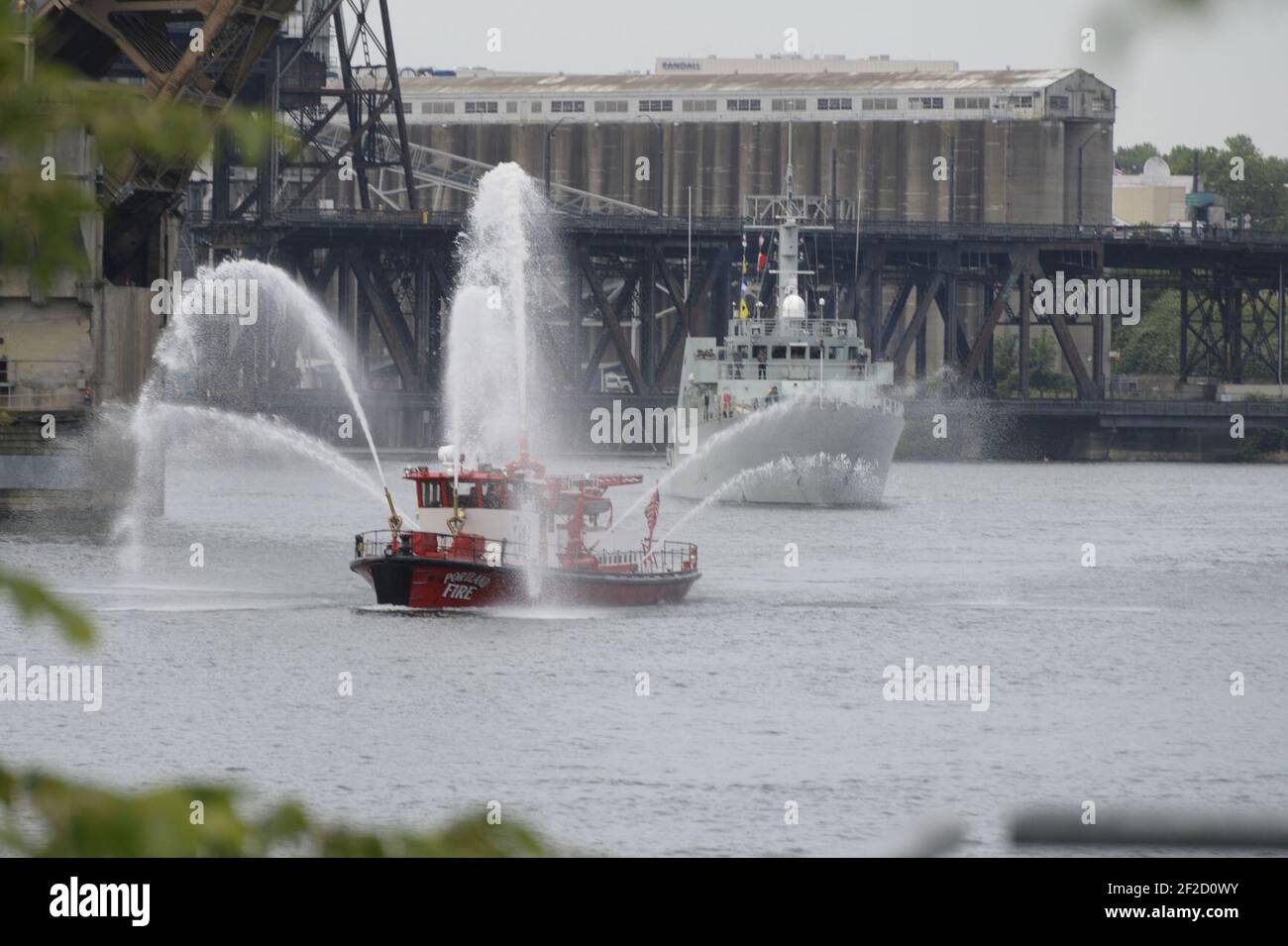 Portland fireboat David Campbell greets the HMCS Brandon - 170607 Stock ...