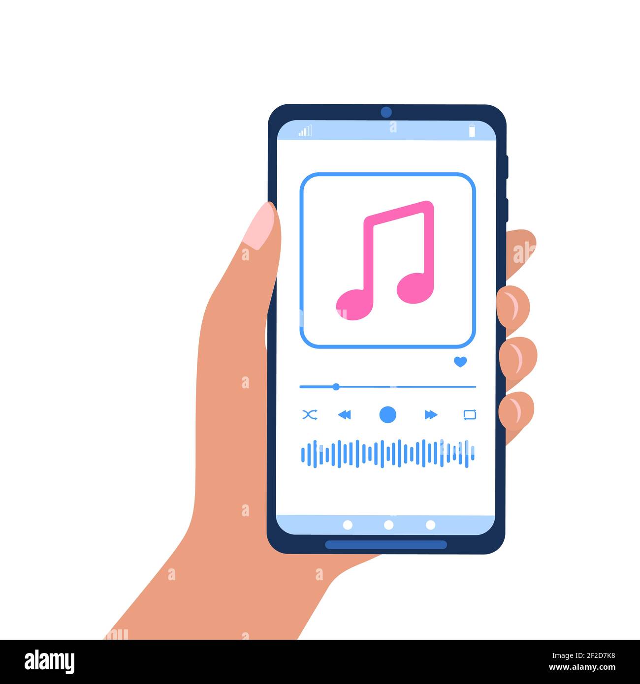 Hand holding smartphone with audio player interface on screen. Playlist ...