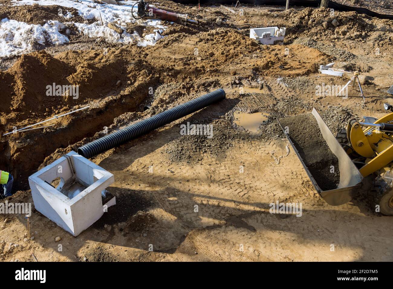 Installed construction of concrete pipe of drainage system work on the ...