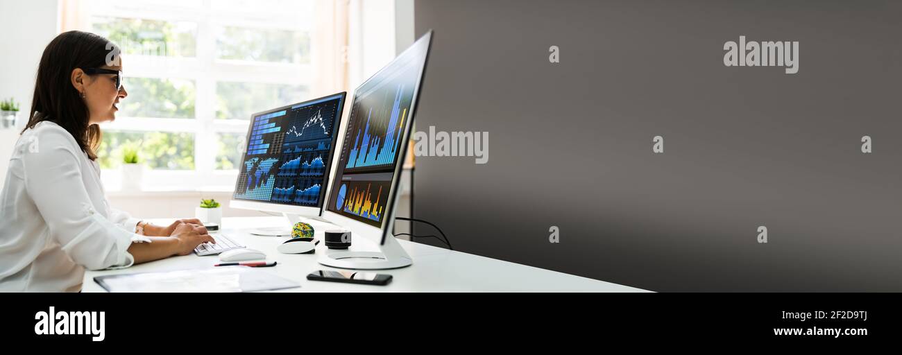 Analyst Business Woman Using Data Dashboard On Computer Screen Stock ...