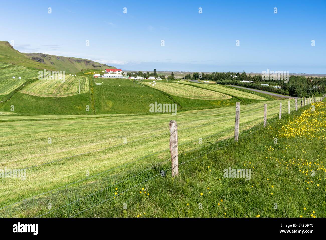 Farm buildings in a fenced grassy field on a sunny summer day Stock ...