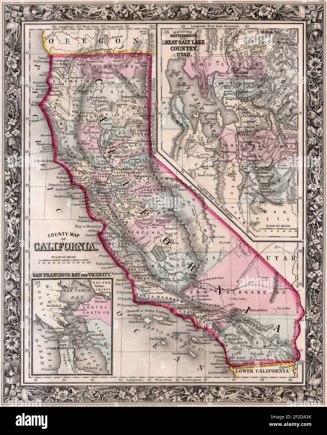 County map of California by Samuel Augustus Mitchell, 1860 Stock Photo ...
