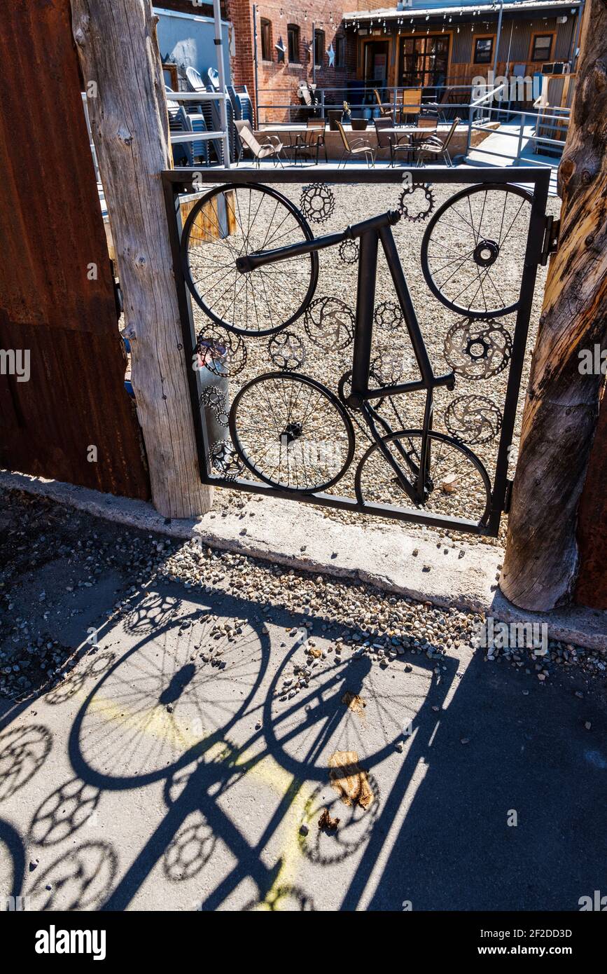 Custom gate of bicycle parts in the fence of The 146 Taphouse; Salida ...