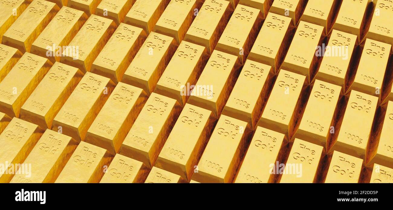 pattern of many fine gold bullion bars with intense light. 3d ...