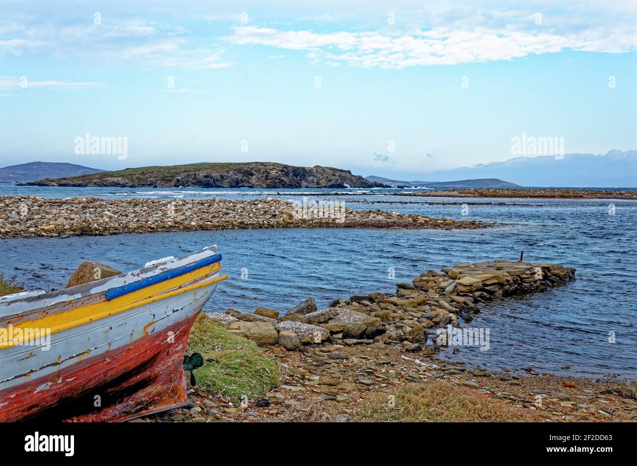 Dilapidated Greek boat in the Aegean Sea on the famous island of Delos ...
