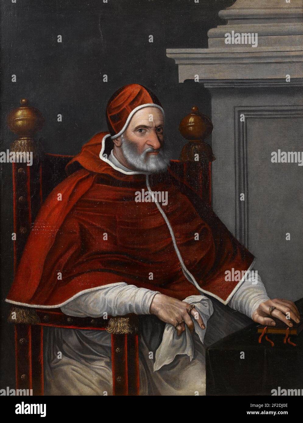 Portrait of Pope Pius IV, three-quarter-length, seated at a draped ...