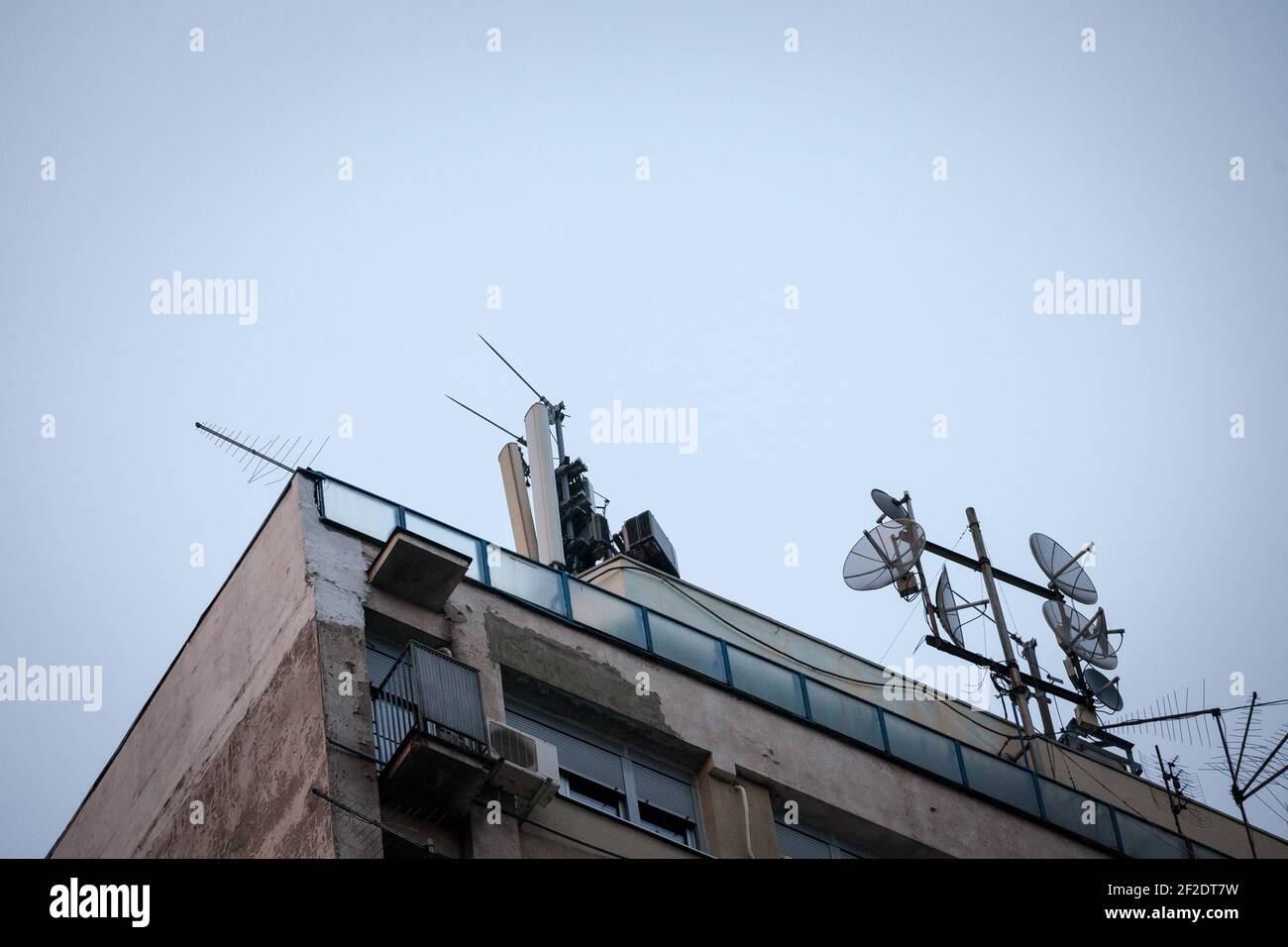 Mobile phone base station, equiped with 3G, 4G and 5G antenna, at the ...