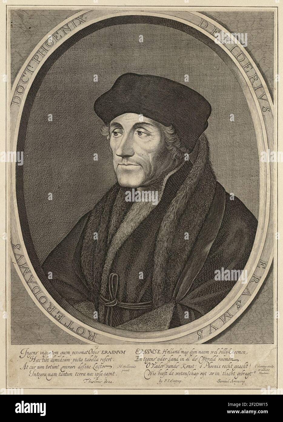 Portret van Desiderius Erasmus, in ovaal met randschrift Stock Photo ...