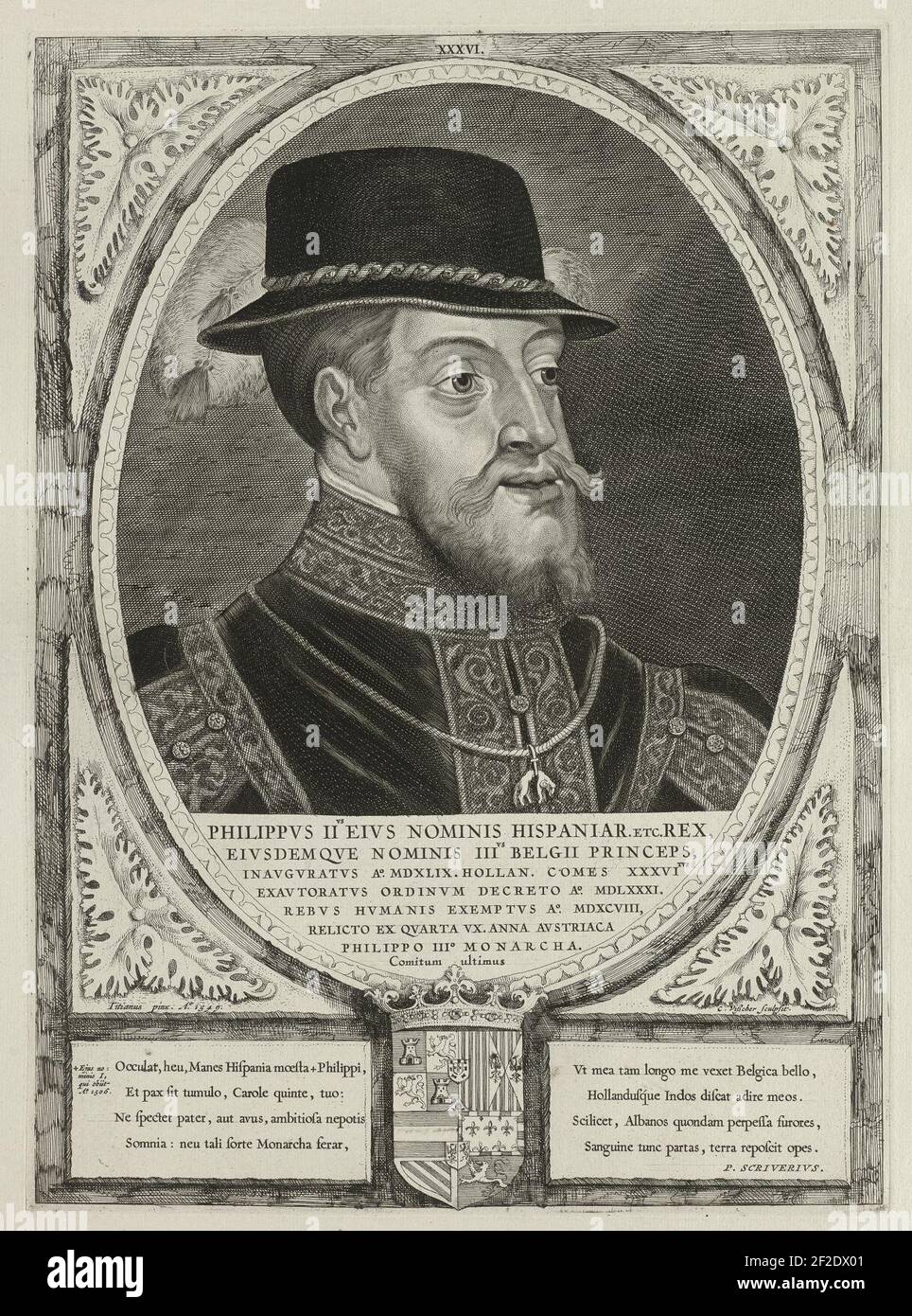 Portret van Filips II, koning van Spanje. Op het hoofd een hoed met ...