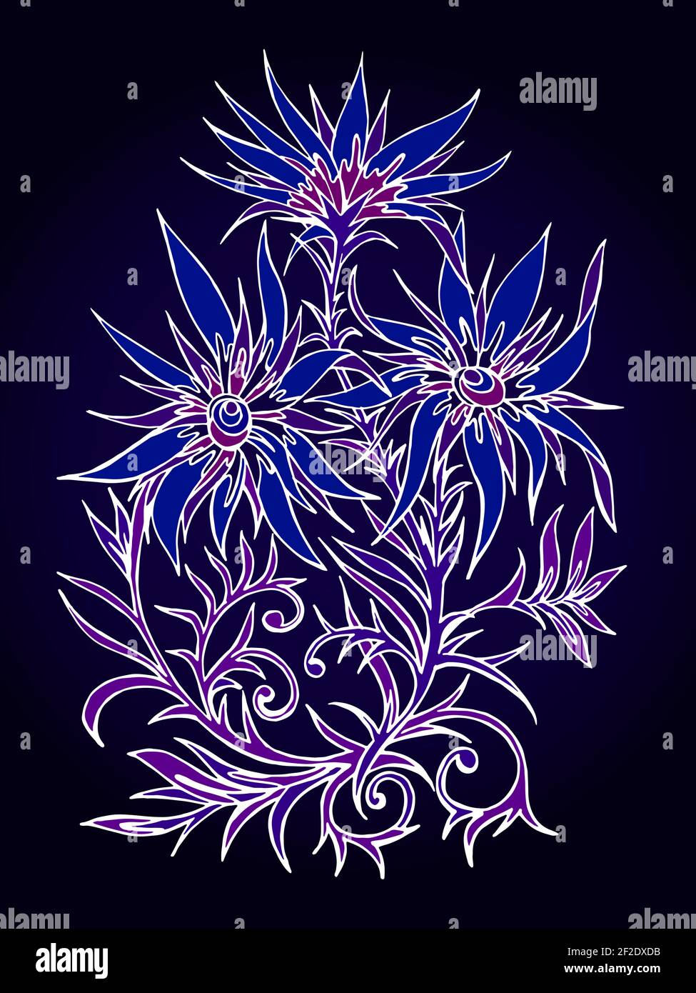 Vector hand drawn illustration with flowers. In dark blue color colors ...