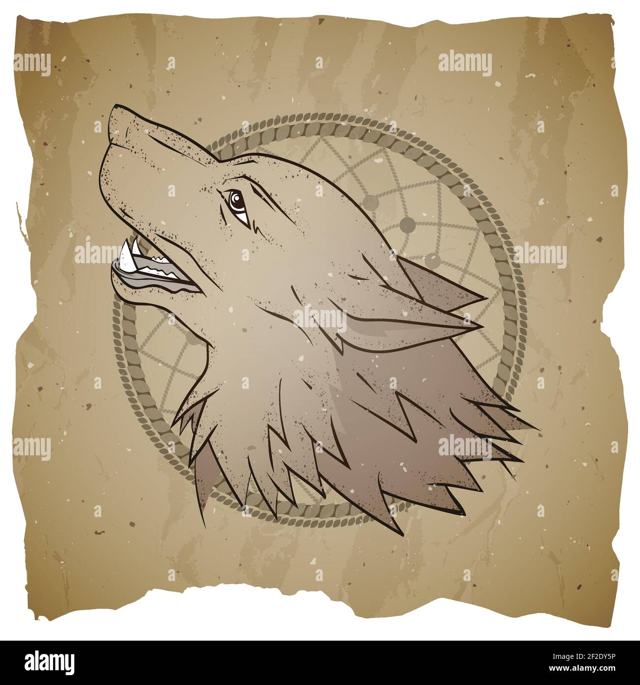 Vector illustration with wolf's head and dreamcatcher on grange ...