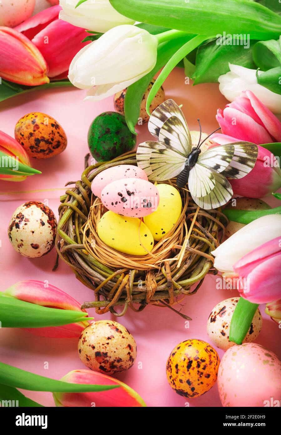 Spring Easter holiday pink background with tulips, quail eggs ...
