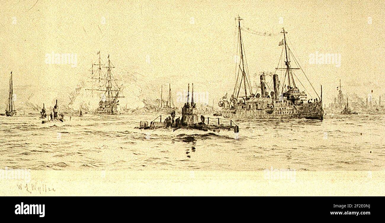 Portsmouth Harbour with HMS 'Bonaventure' and submarine 'D2' Stock ...