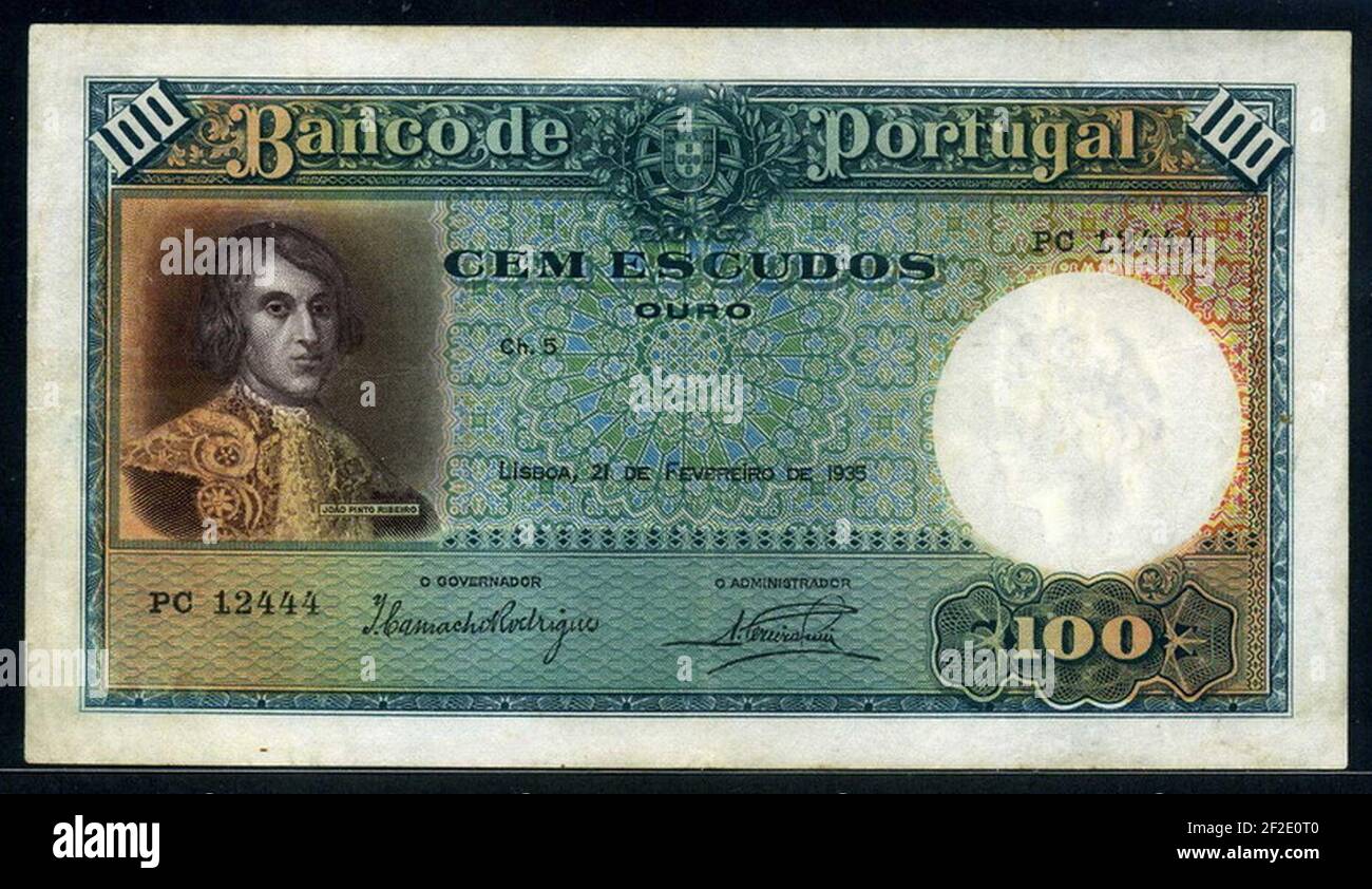 Portugal currency 100 Escudos banknote of 1935, João Pinto Ribeiro ...