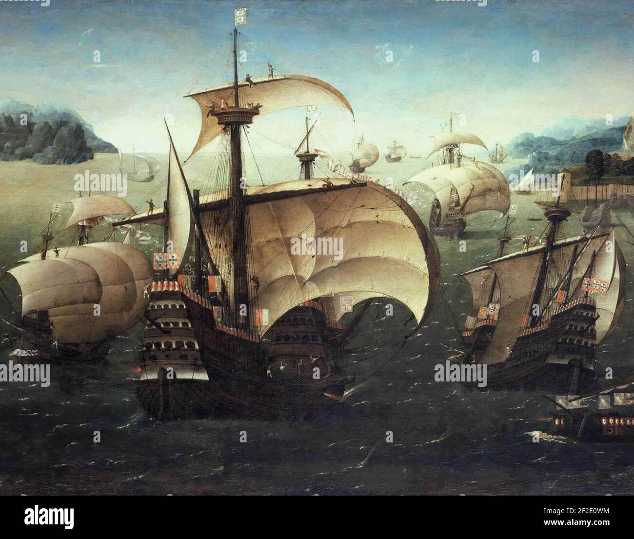 Portuguese Carracks off a Rocky Coast (cropped Stock Photo - Alamy