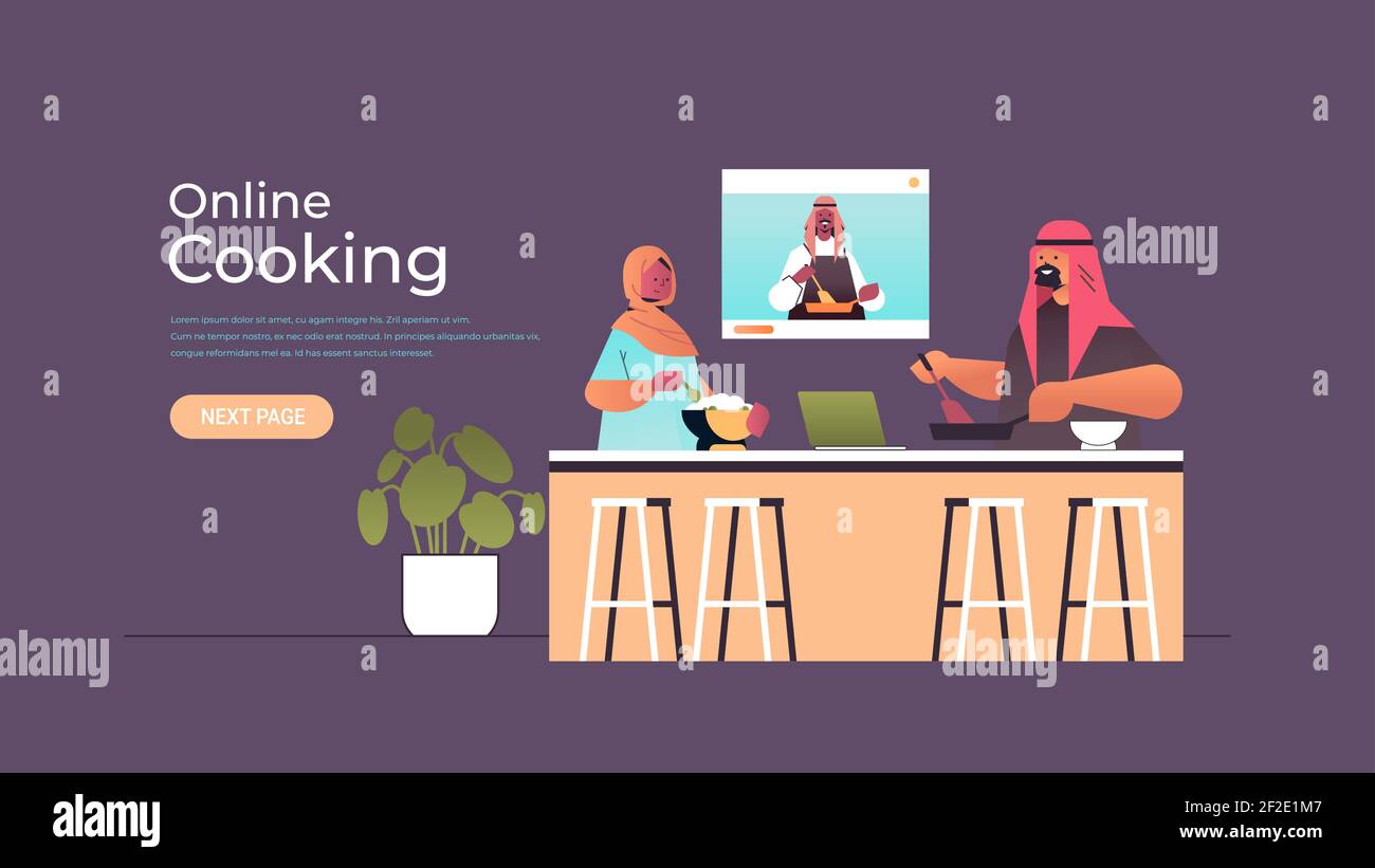 arabic food bloggers couple preparing dish while watching video ...