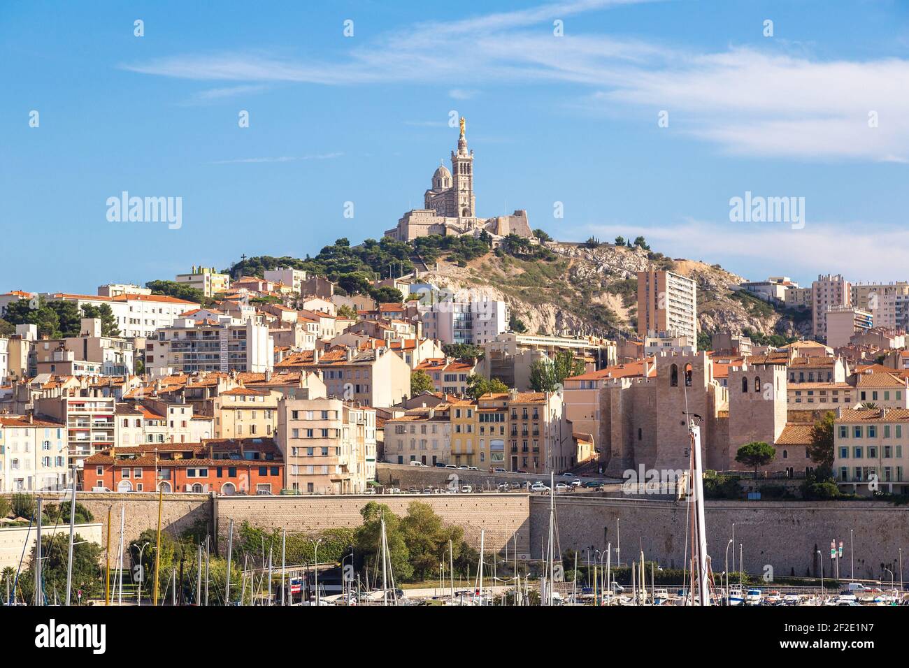 Aerial panoramic view on basilica of Notre Dame de la Garde and old ...